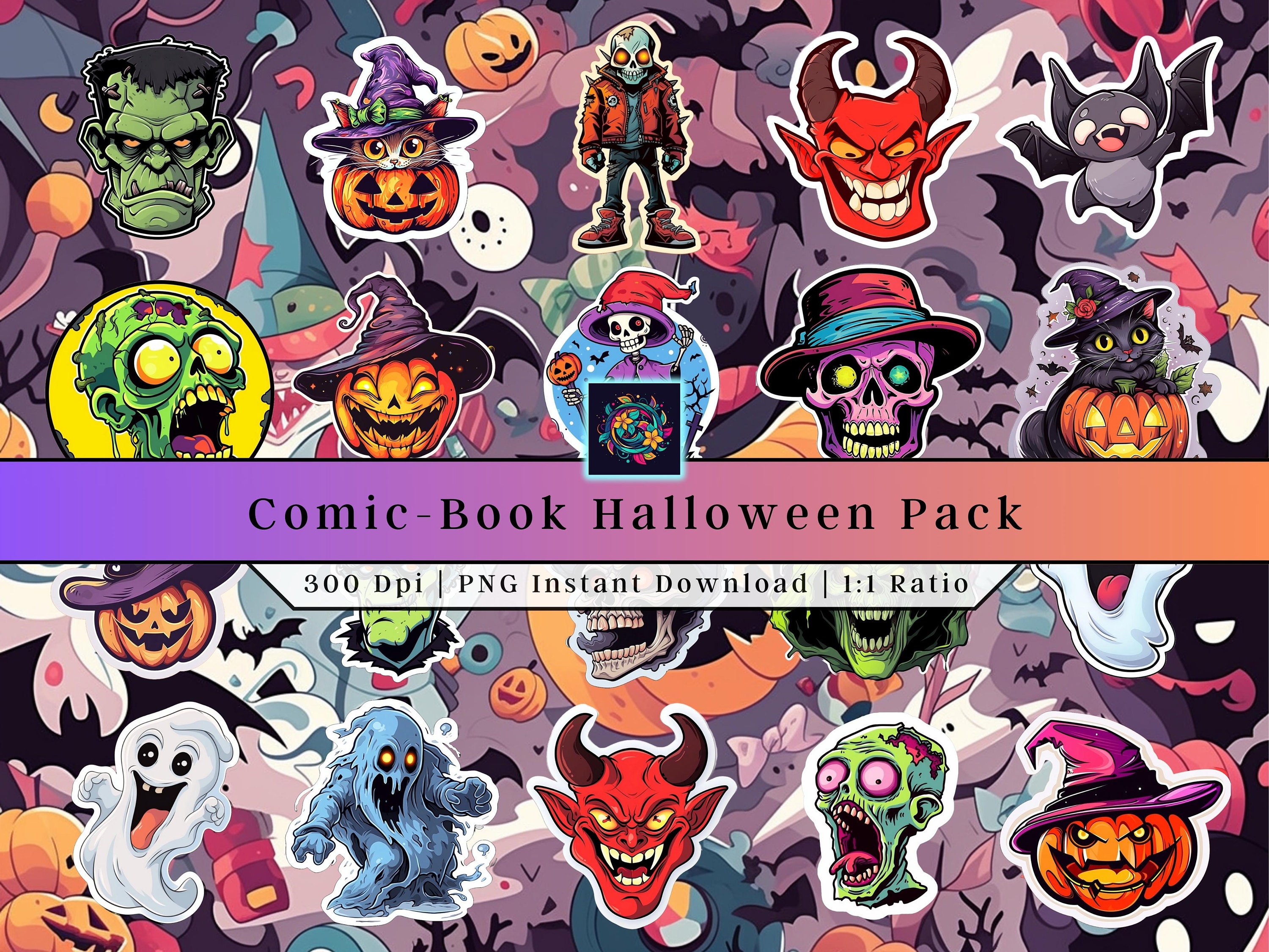 Halloween Comic Pack Clip Art Printable Stickers - Etsy