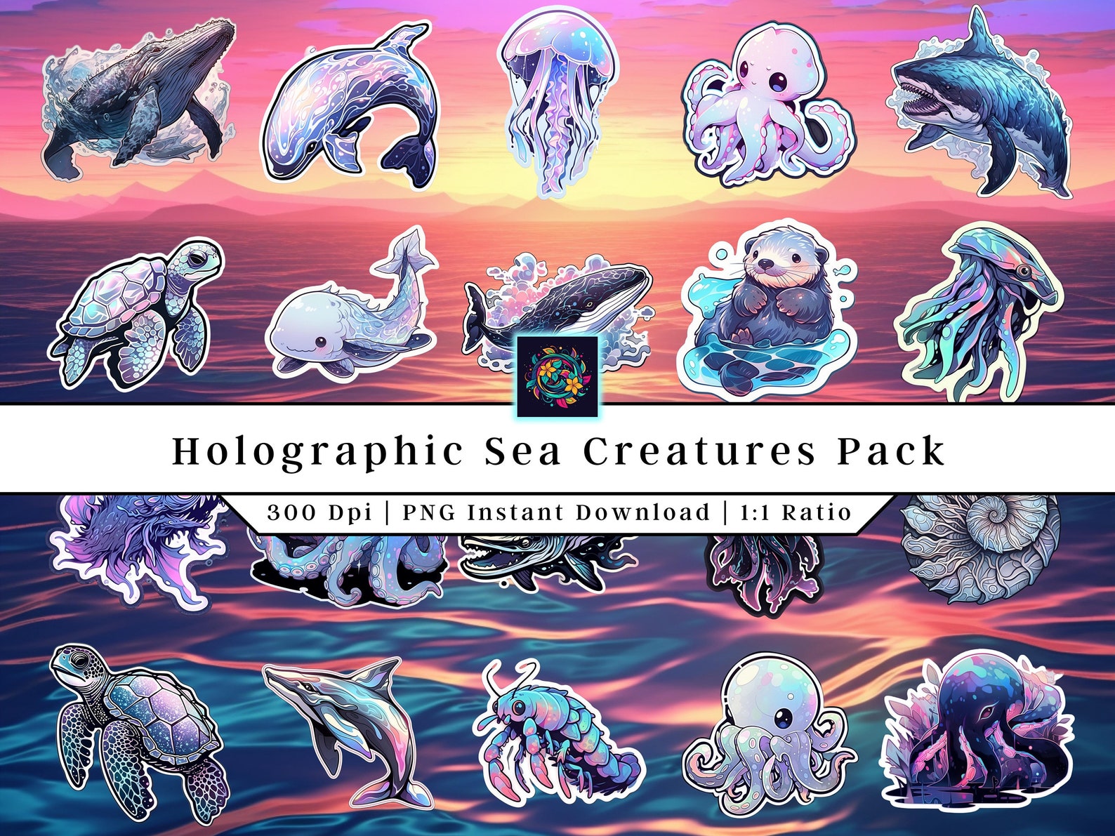 Holographic Sea Creatures Design | Clip Art | Printable Stickers | Sea ...