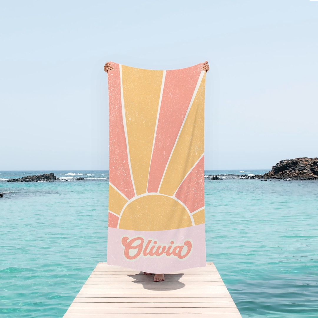 Retro Sunshine Beach Towel, Custom Beach Towel, Personalized Beach ...