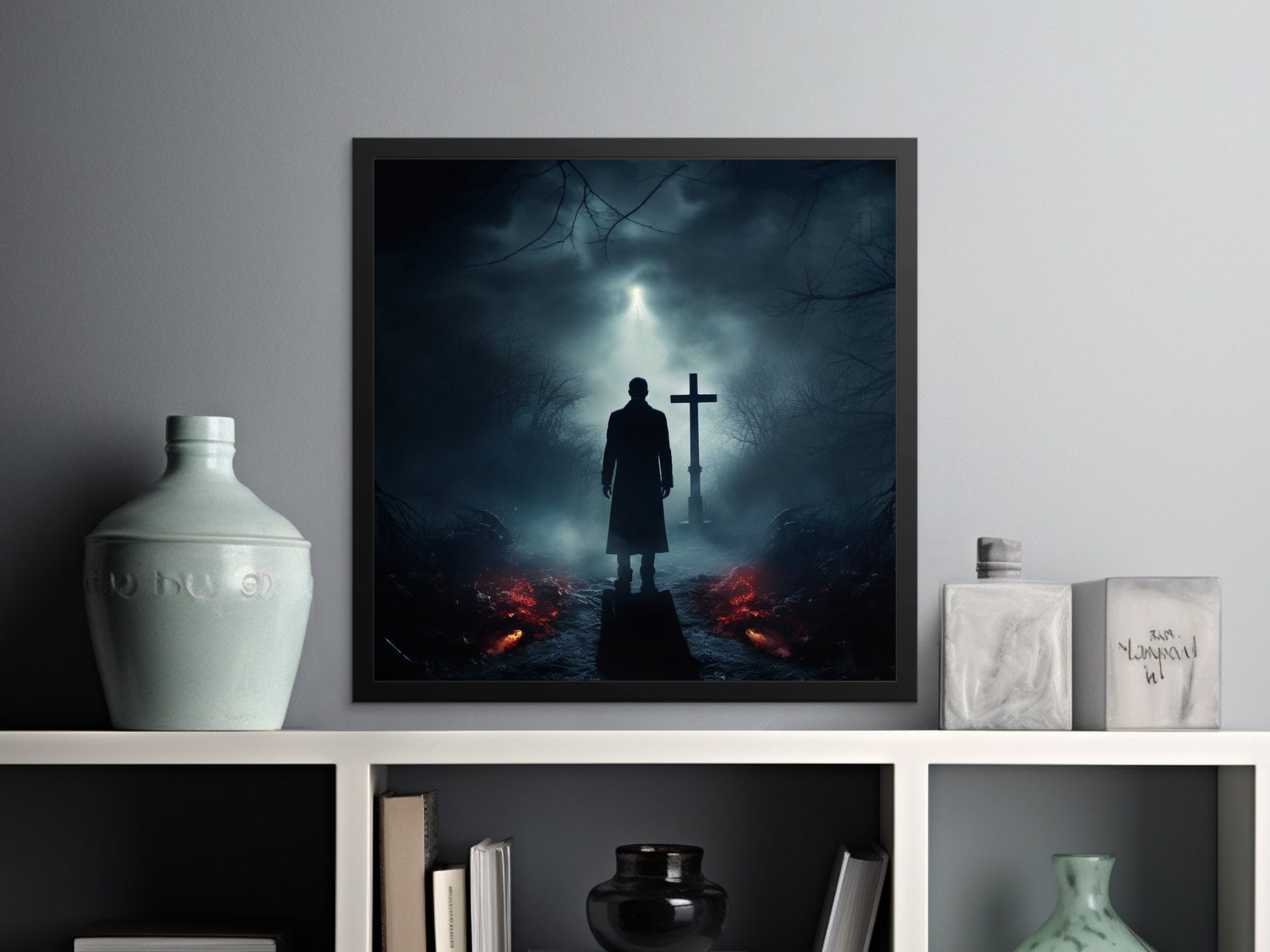 Dark Horror Cross Wall Art – Halloween Gothic Man in Fog Digital Print ...