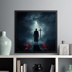Dark Horror Cross Wall Art – Halloween Gothic Man in Fog Digital Print ...