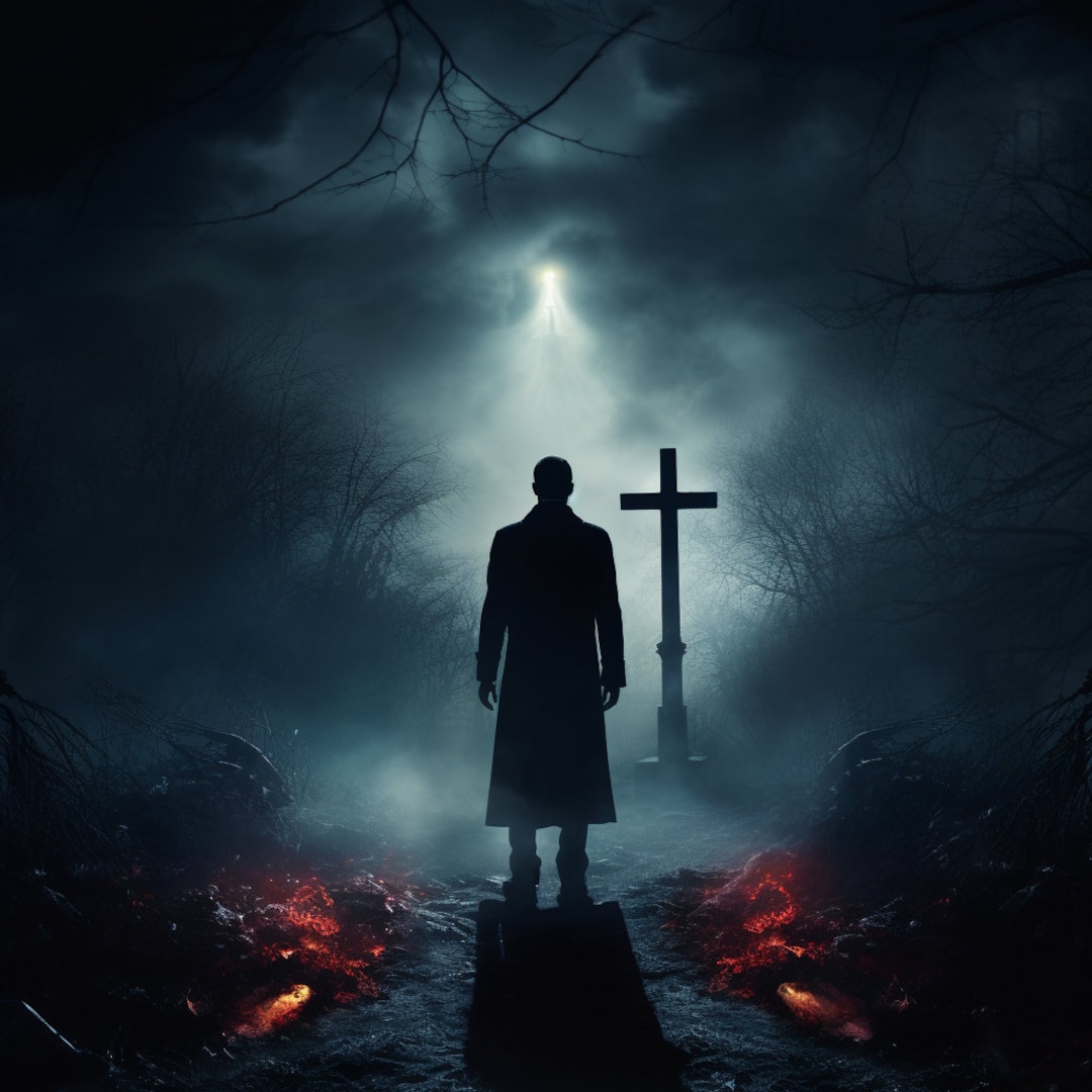 Dark Horror Cross Wall Art – Halloween Gothic Man in Fog Digital Print ...