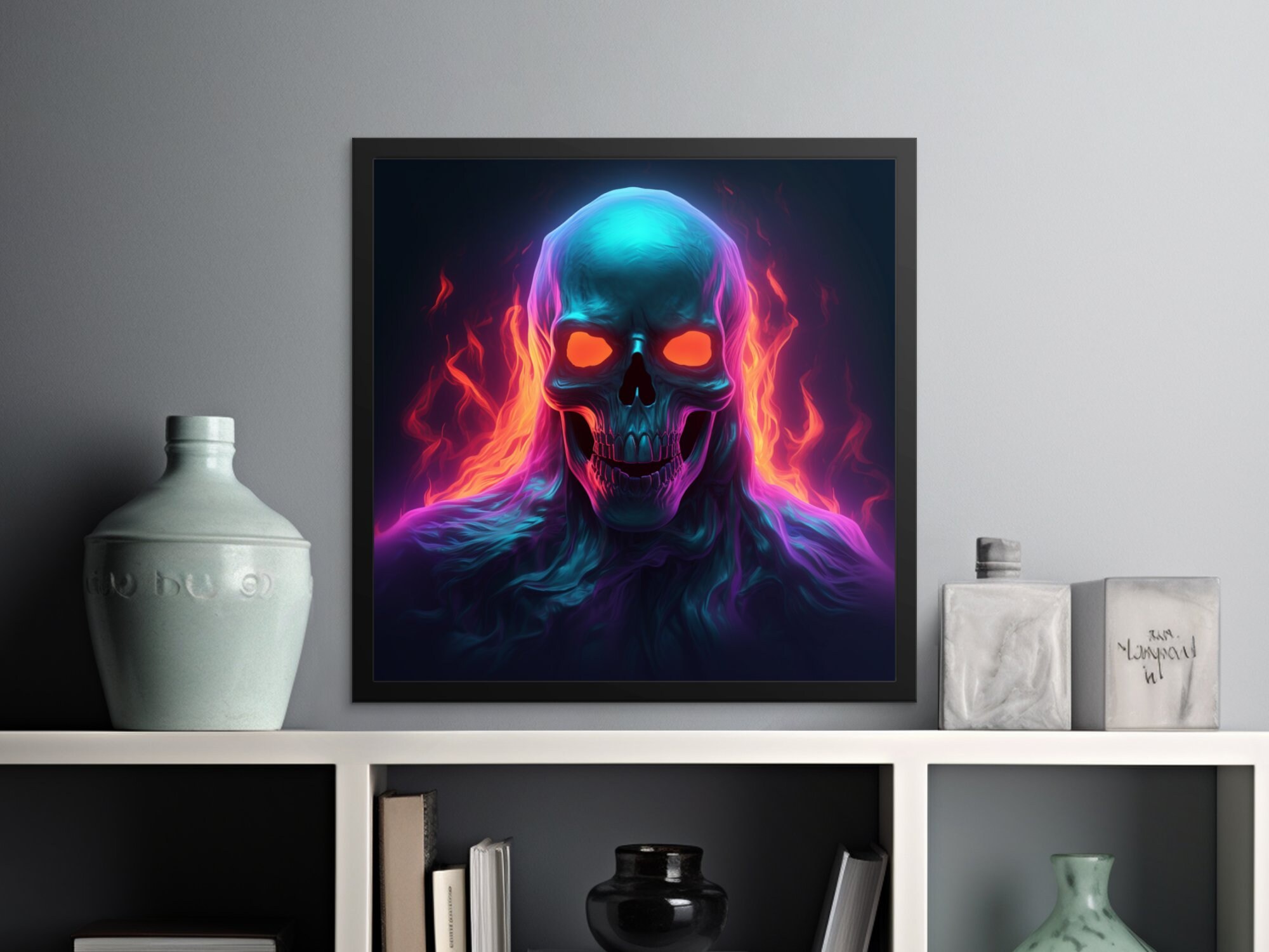 Neon Halloween Horror Scary Skull on Fire - Etsy