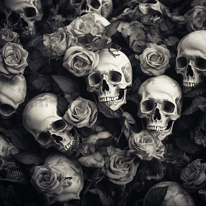 Black and White Skulls and Roses Digital Art - Etsy