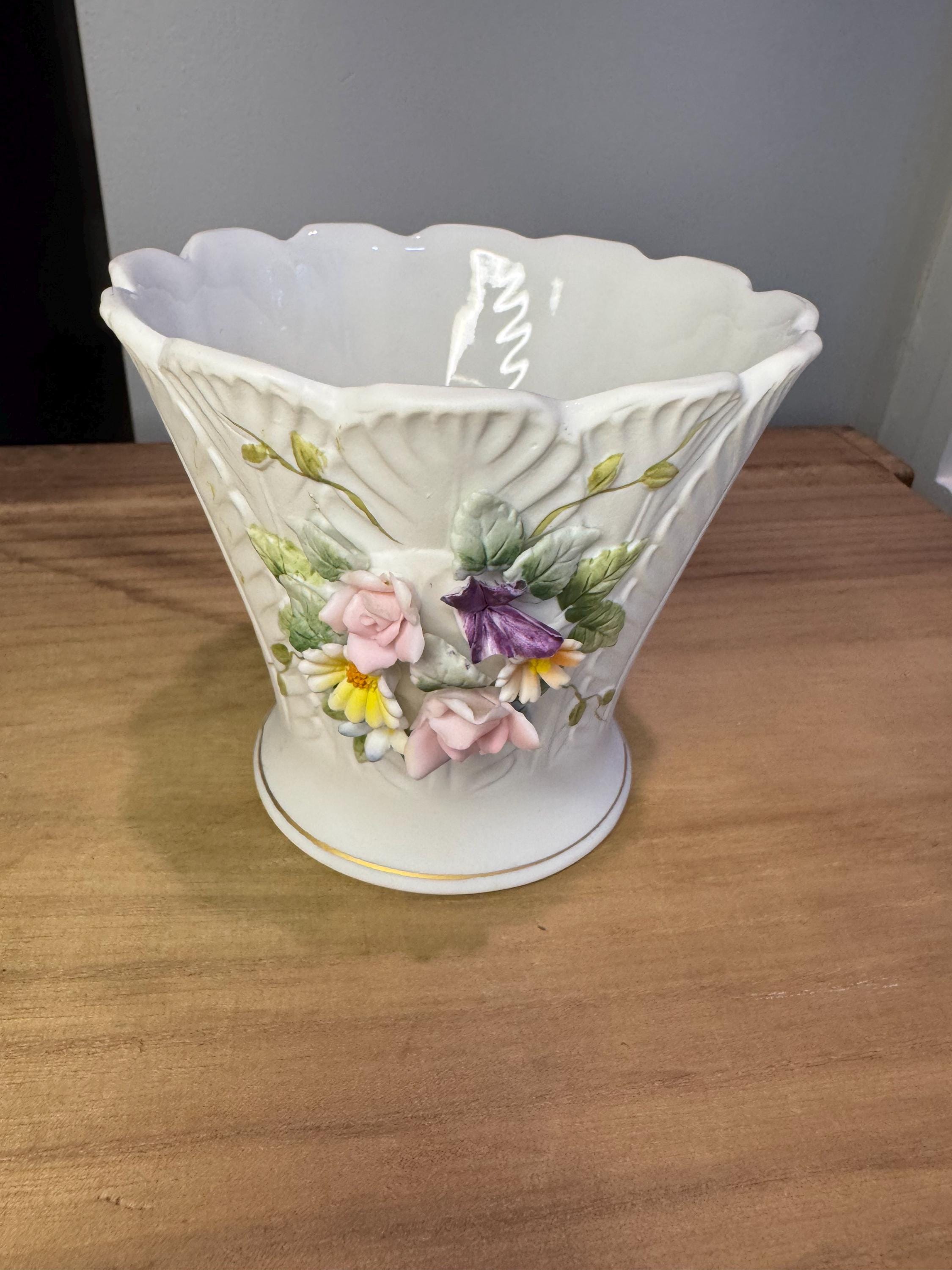 Vintage Lefton China Porcelain Vase or Planter (#826) 3D Applied Floral ...