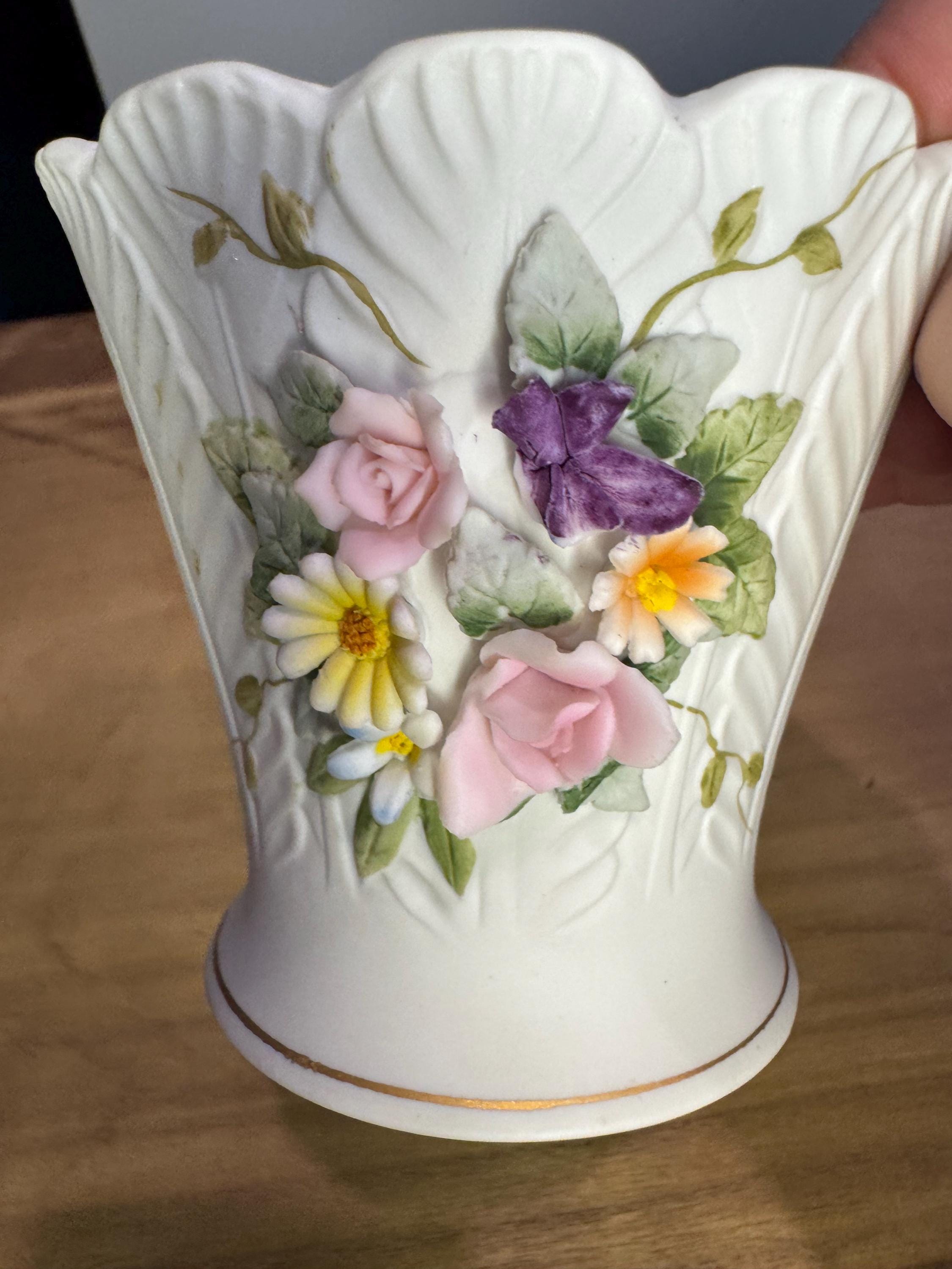 Vintage Lefton China Porcelain Vase or Planter (#826) 3D Applied Floral ...