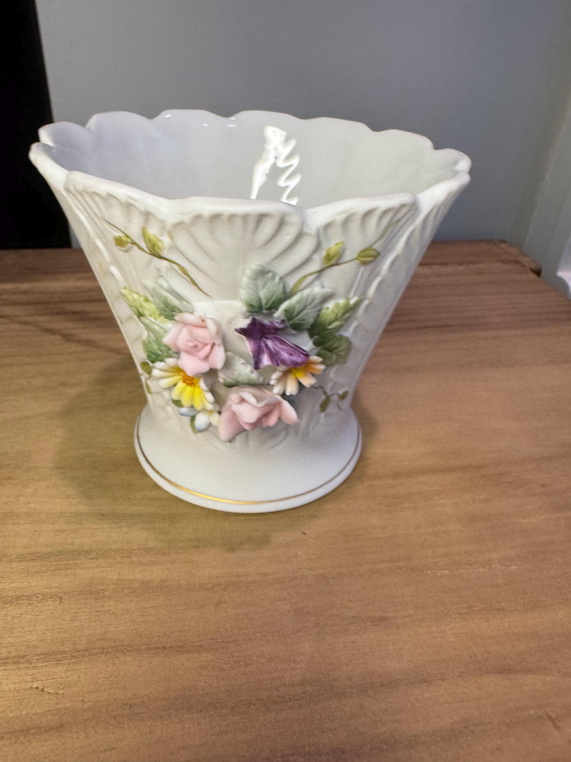 Vintage Lefton China Porcelain Vase or Planter (#826) 3D Applied Floral ...