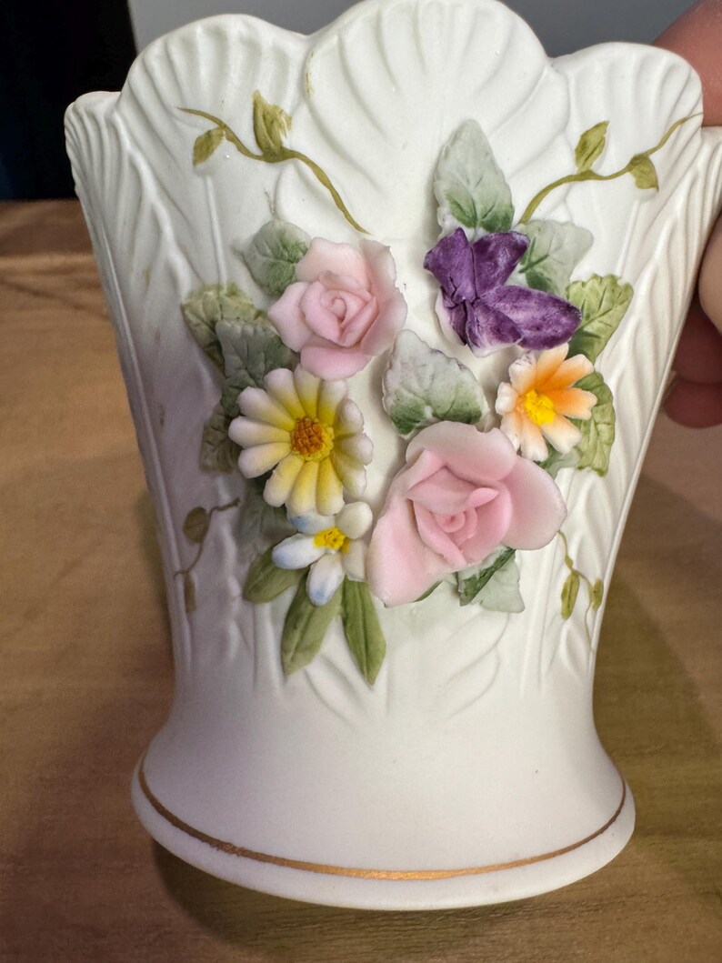 Vintage Lefton China Porcelain Vase or Planter (#826) 3D Applied Floral ...