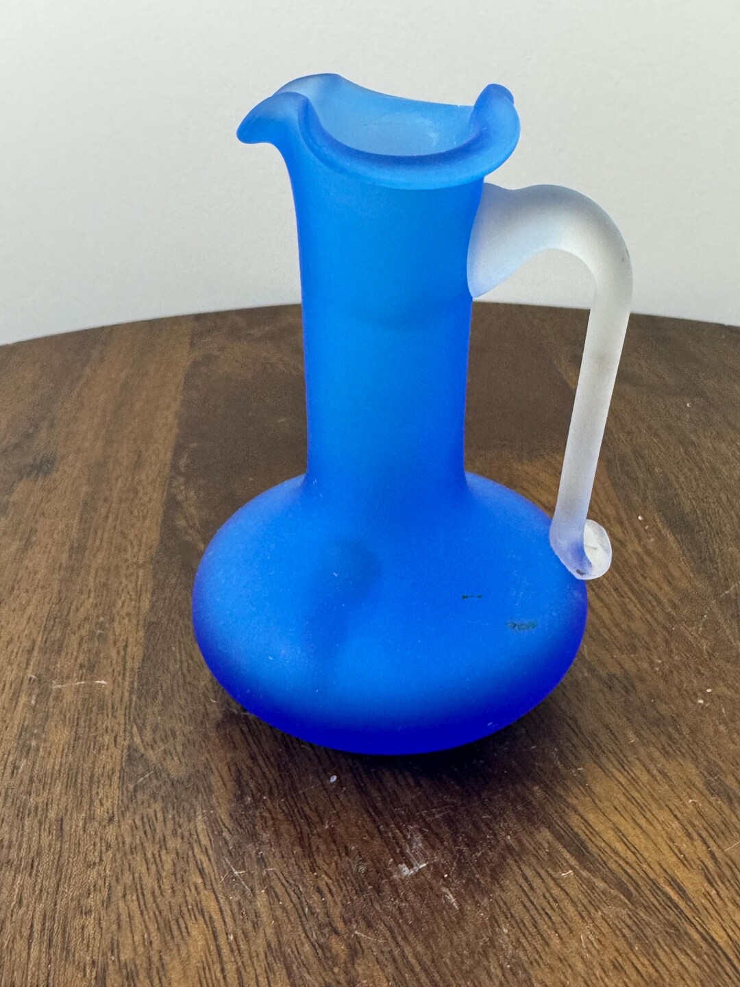 Vintage Frosted Hand Blown Pilgrim Blue Glass Pitcher, Bud Vase, Window ...