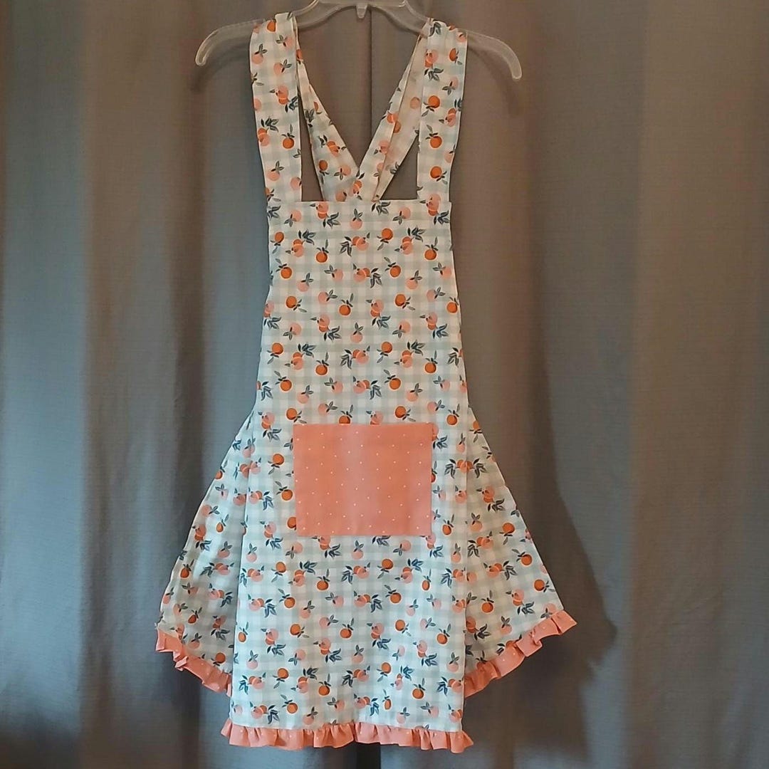 Crossback Apron, Aqua Gingham With Peaches Apron, Cute Apron With ...