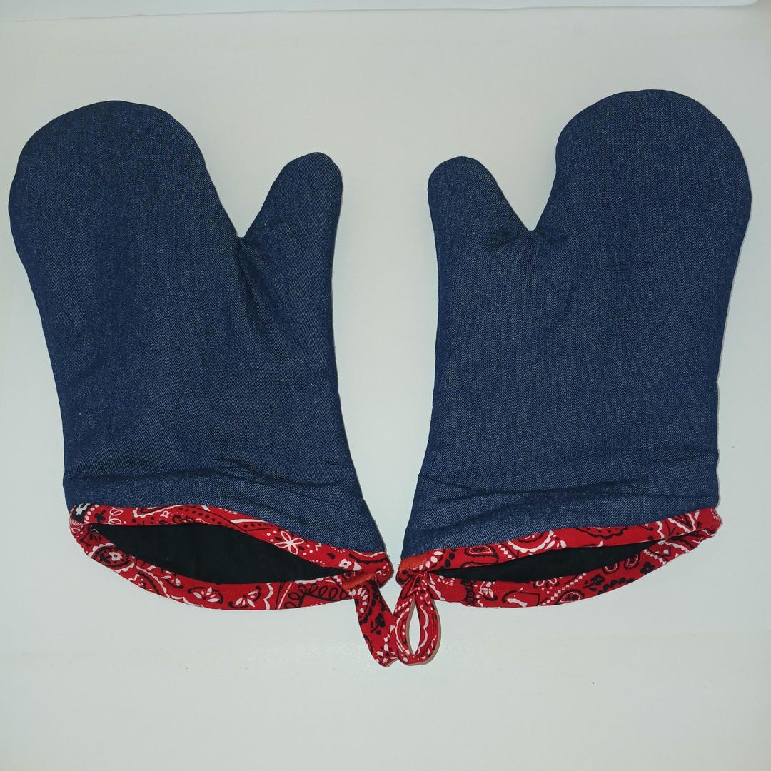 Denim Oven Mitts With Red Bandana Trim - Set of 2 - Etsy