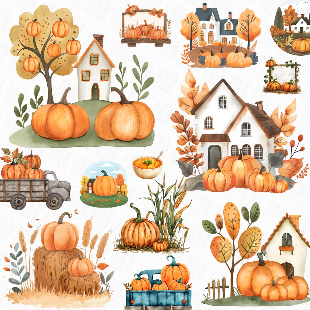 50 Pumpkin Harvest Clipart Png, Farm Harvest Clipart, Autumn Farmhouse ...