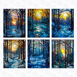 Winter Forest Stained Glass Digital Paper - Forest Landscape, Snowy ...