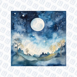 13 Watercolor Magical Night Sky Digital Background - Starry Night Moon ...