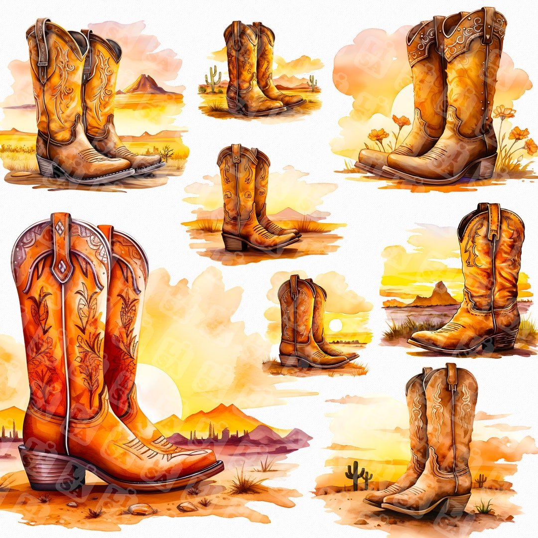 Watercolor Cowboy Boots and Sunset Png Cowgirl Png Clipart, Western Png ...