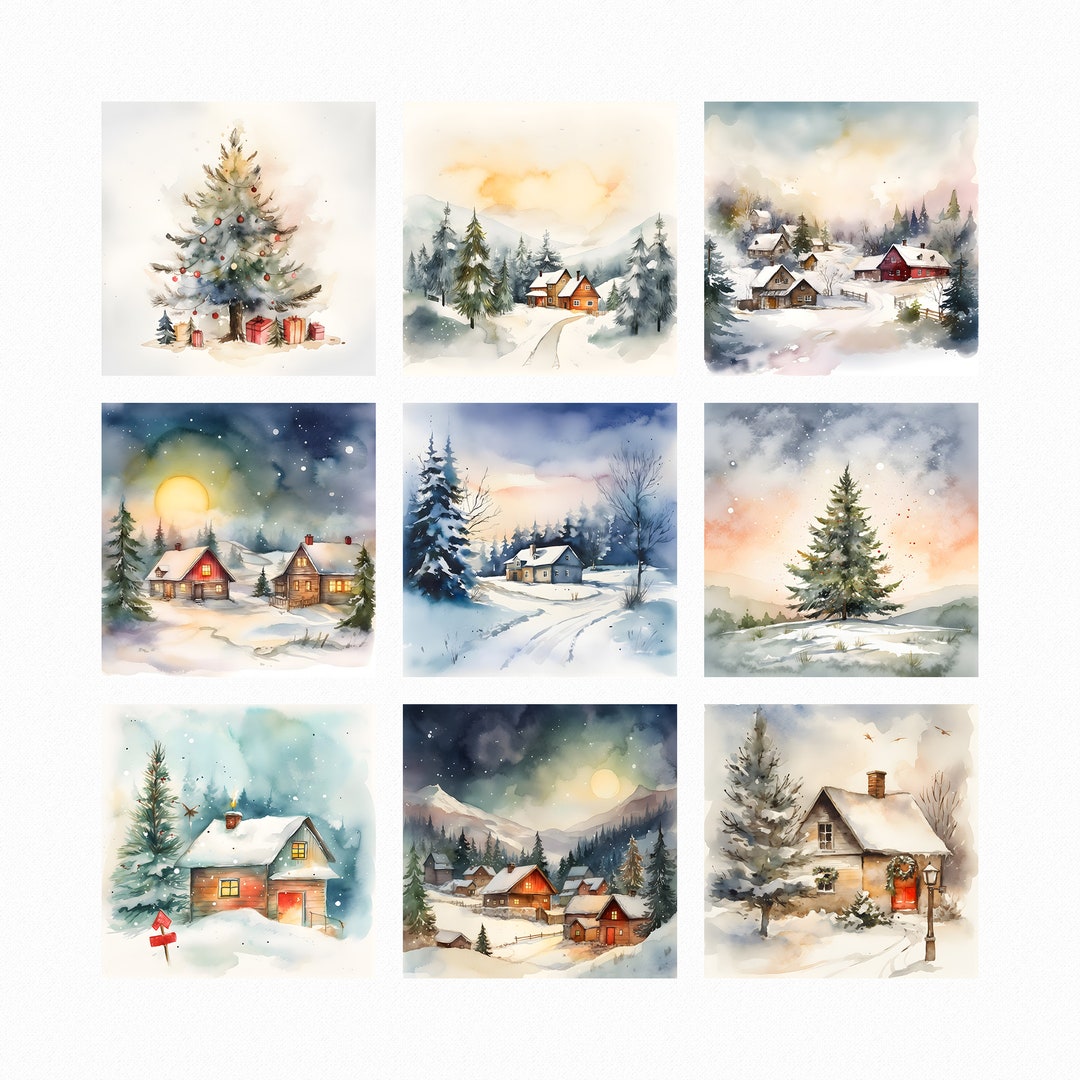 24 Watercolor Christmas Scene Clipart - Christmas Printable Graphics in ...