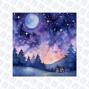 13 Watercolor Magical Night Sky Digital Background - Starry Night Moon ...