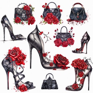 Watercolor Gothic High Heel Shoes Png, Gothic Red Roses Bag Png ...