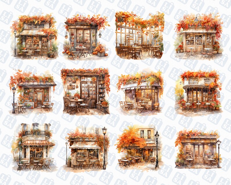27 Watercolor Fall Coffee Shop Clipart Romantic French Cafe - Etsy