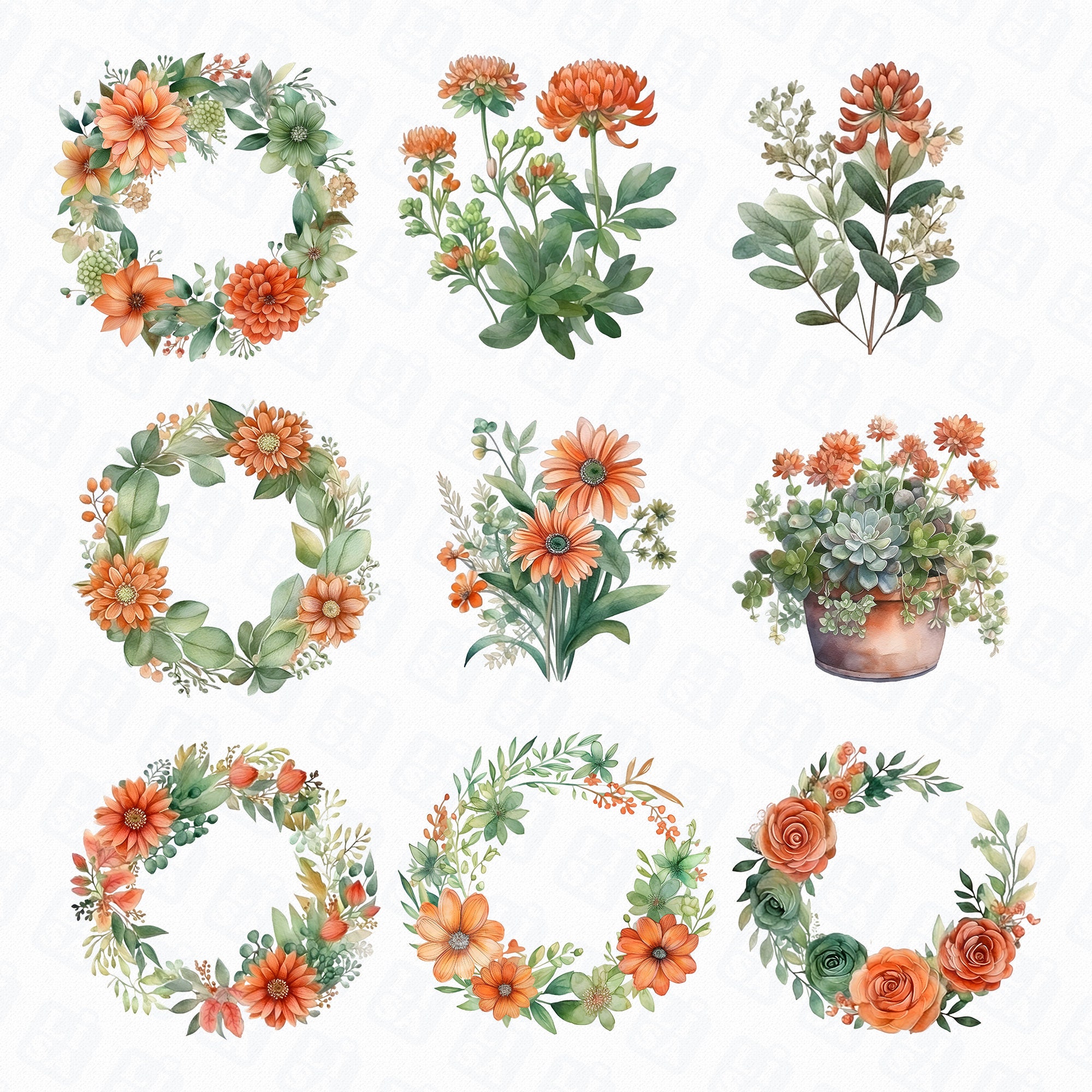 25 Watercolor Terracotta and Green Flowers Png Terracotta - Etsy