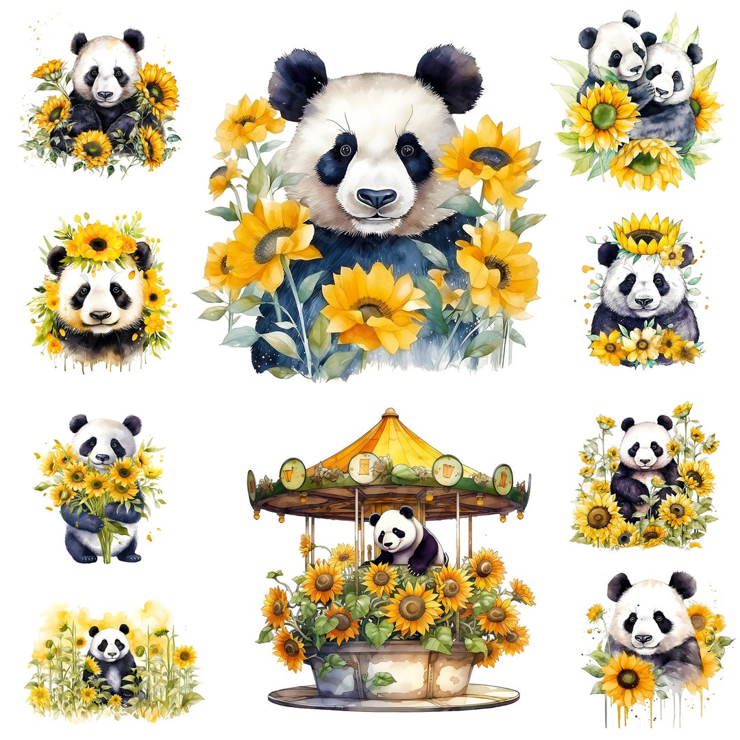 Watercolor Panda and Sunflowers Clipart 17 Jpg - Panda and Flowers ...