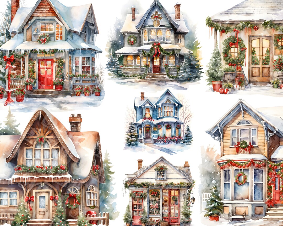 22 Watercolor Christmas House - Winter Houses With Christmas Decoration ...