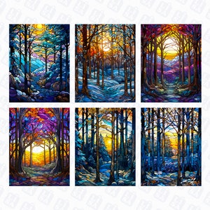 Winter Forest Stained Glass Digital Paper - Forest Landscape, Snowy ...