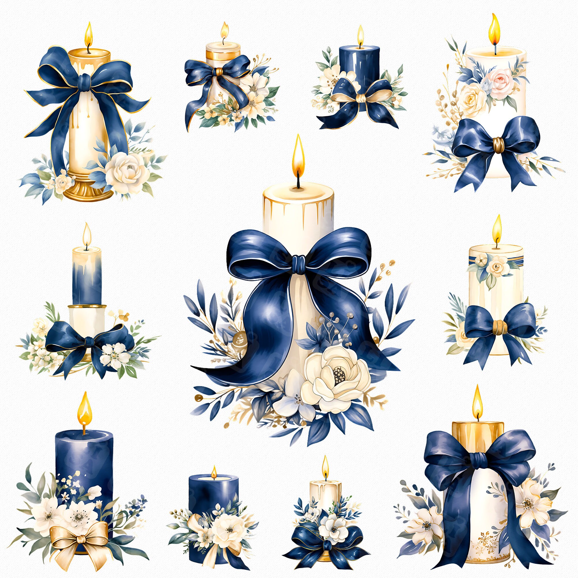 Watercolor Navy and Gold Candle Png Ribbon Candles Floral - Etsy