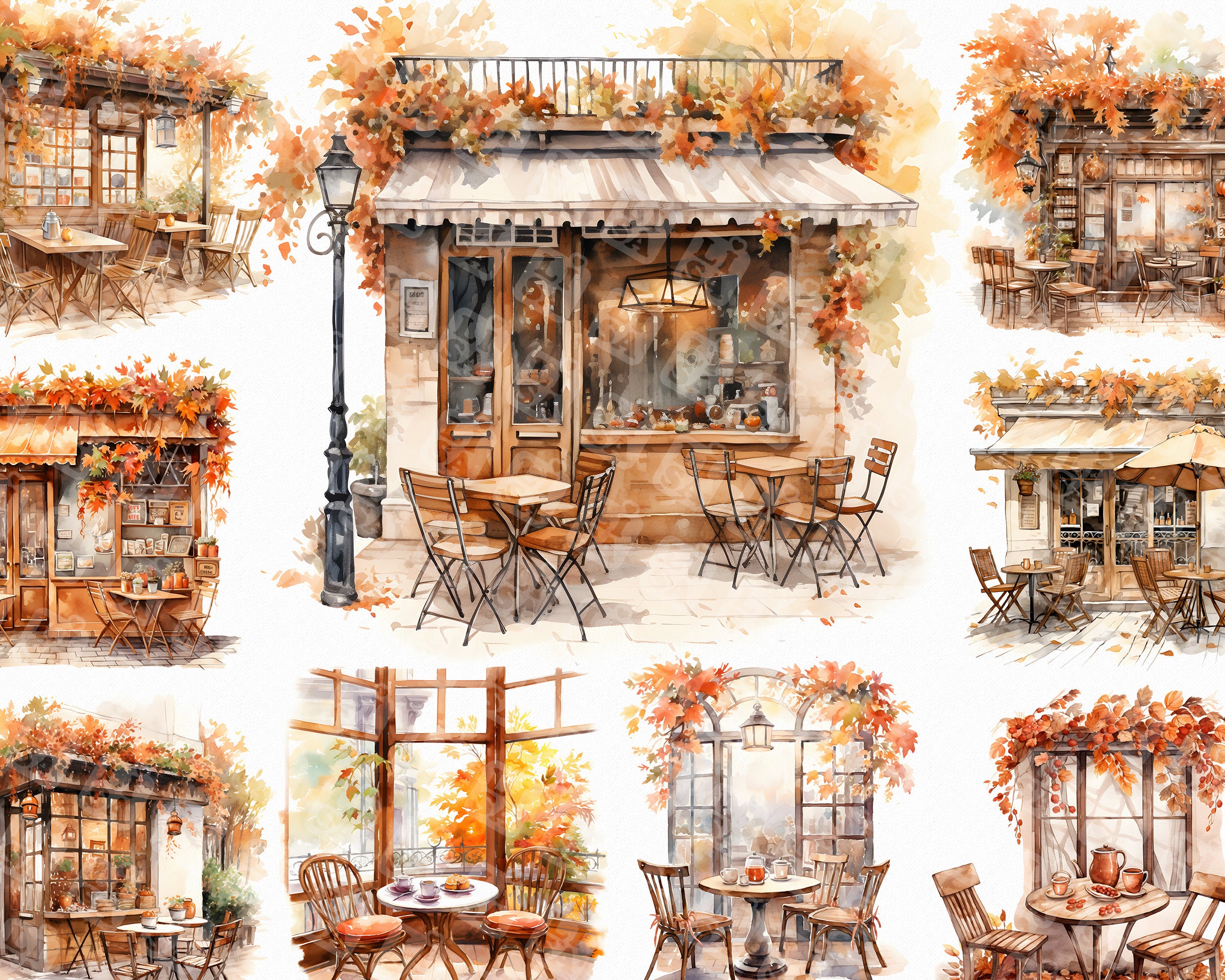 53 Watercolor Fall Coffee Shop Paris Coffeeshop Clipart - Etsy