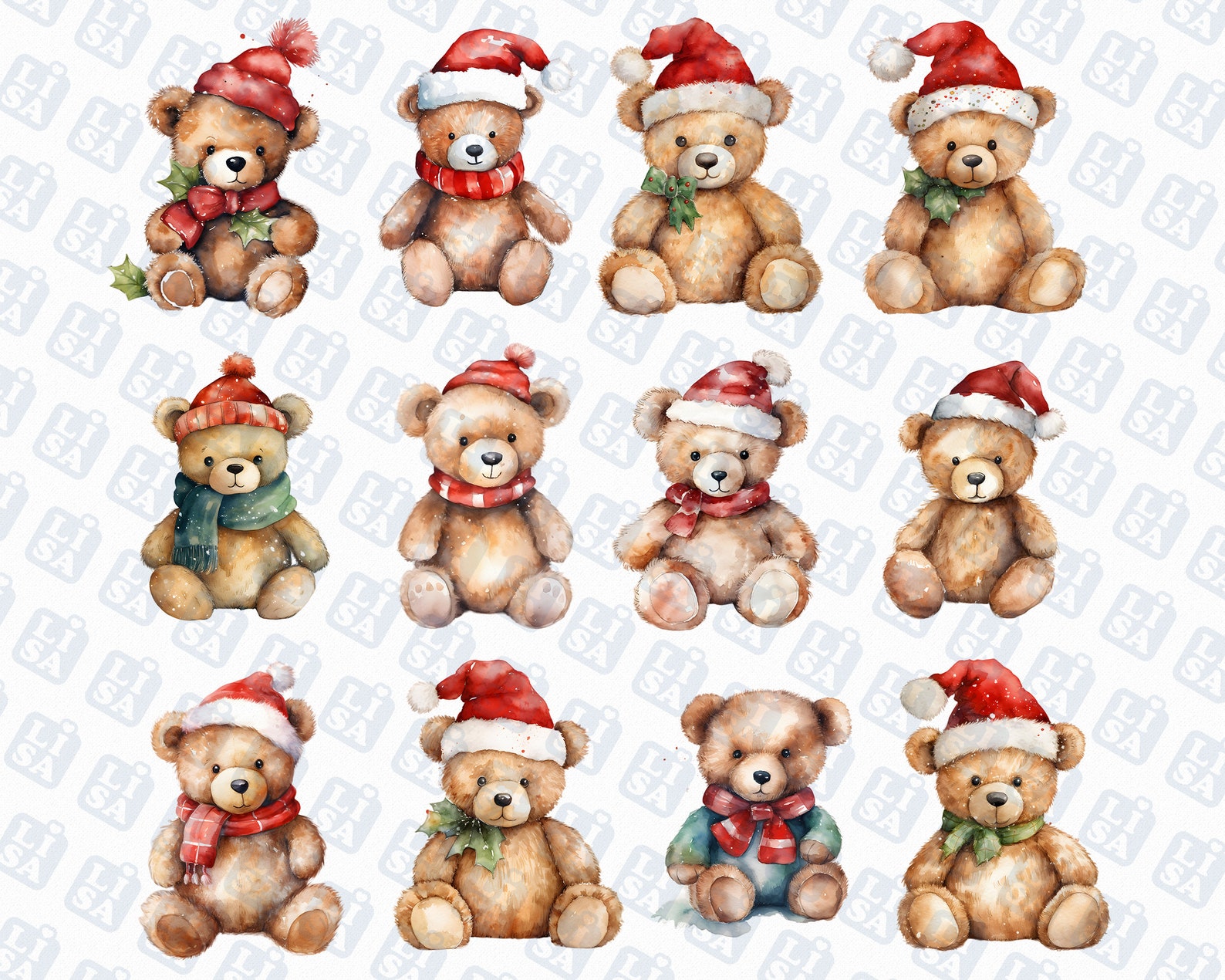 24 Christmas Teddy Bear Digital Images Christmas Digital - Etsy