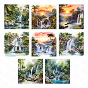 Watercolor Waterfall Digital Papers - Square Digital Background, Forest ...