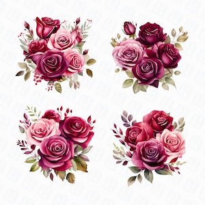 Watercolor Burgundy Roses Clipart - Floral Wedding Clipart, Boho Rose ...