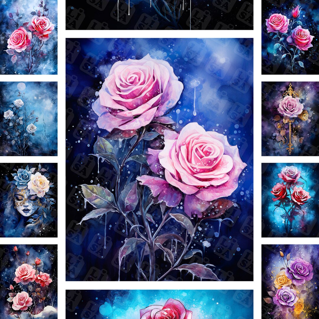 Watercolor Frozen Roses Digital Paper on Grunge Dark Texture - Printer ...