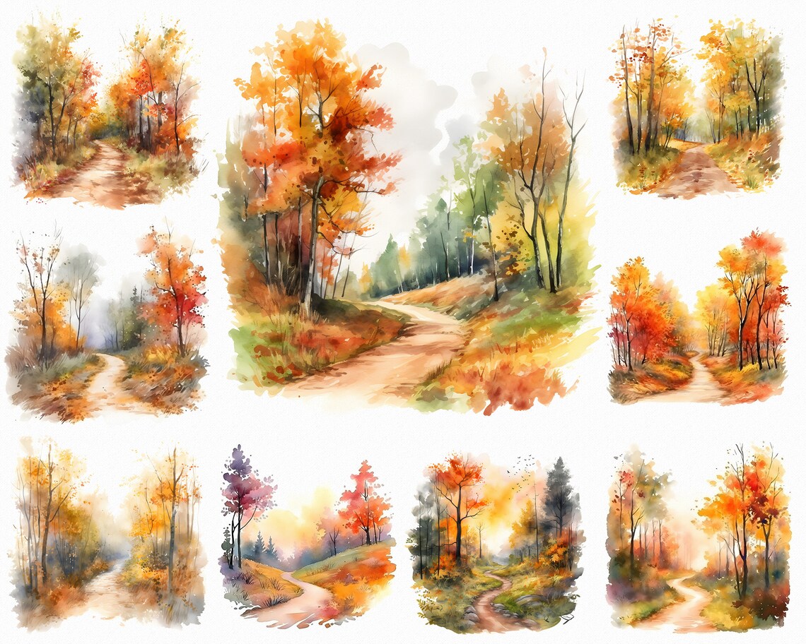 18 Watercolor Autumn Forest Trail Watercolor Forest Clipart - Etsy