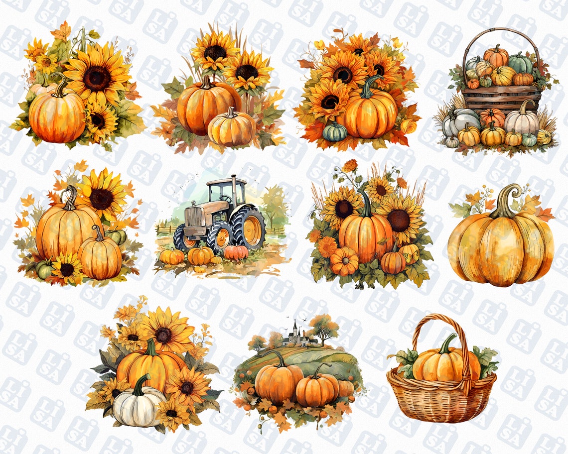 23 Watercolor Pumpkin Harvest Png. Autumn Farm Sunflowers - Etsy