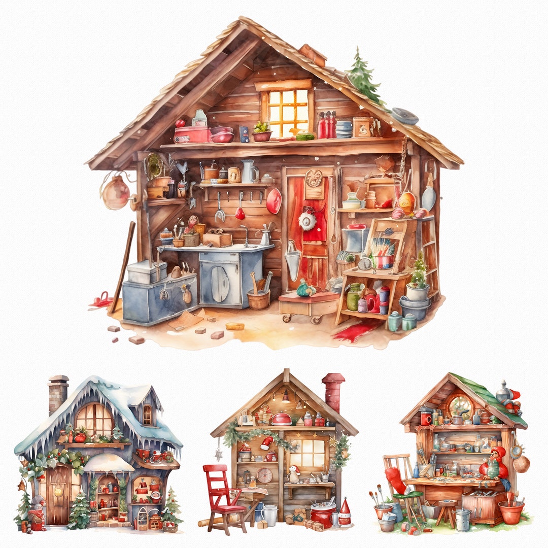 23 Watercolor Santa's House Clipart - Christmas Santa's Workshop ...