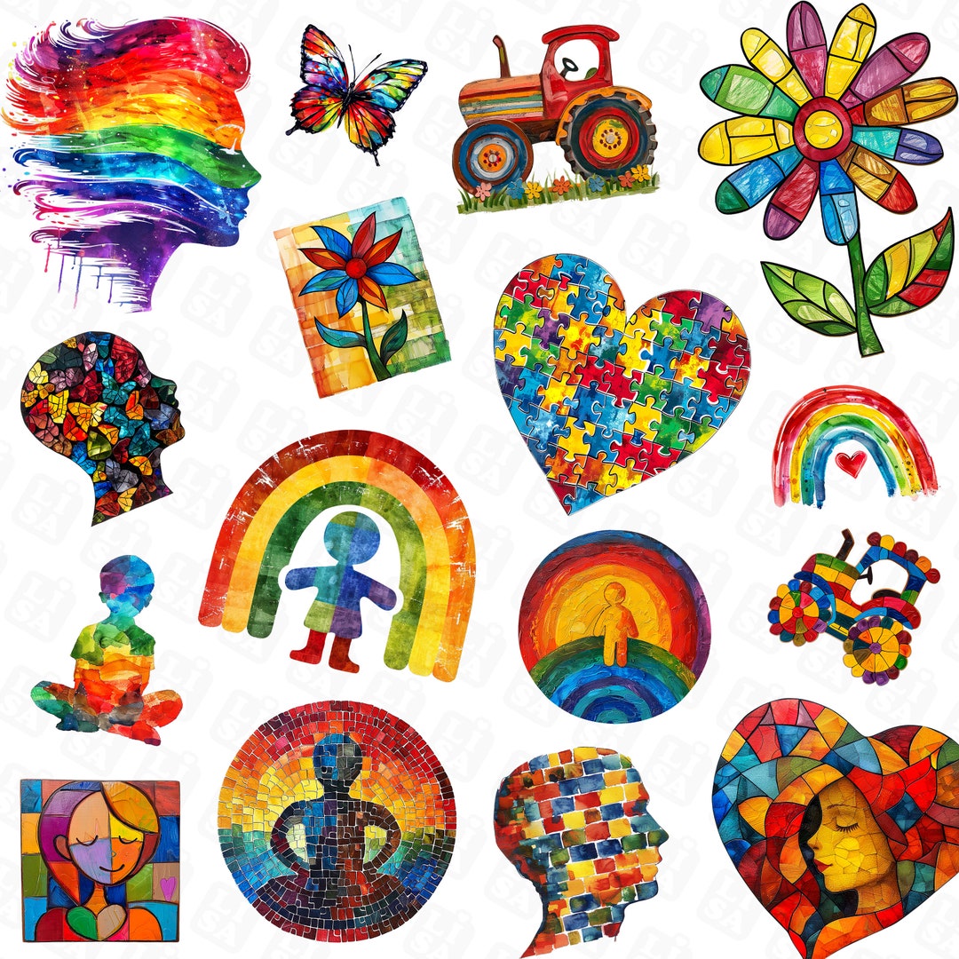 50 Watercolor Autism Awareness PNG, Heart Puzzle Png, Rainbow, Flower ...