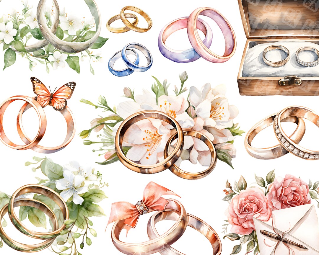 19 Watercolor Wedding Rings - Wedding Elements Bundle Clipart Graphics ...