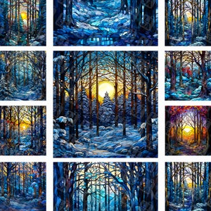 Winter Forest Stained Glass Digital Paper - Digital Background, Snowy ...