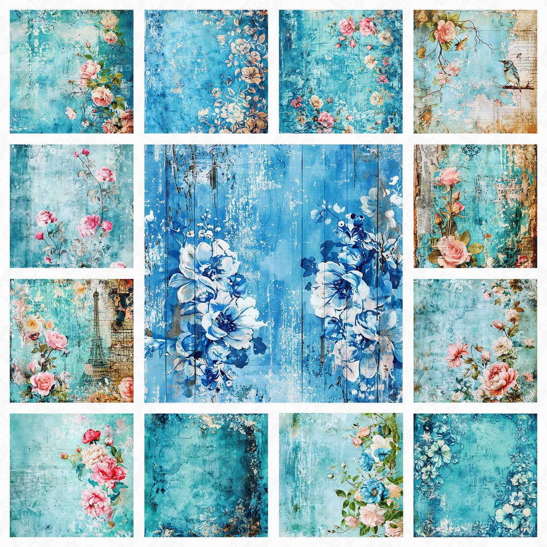 62 Blue Shabby Chic Rose Digital Paper - Vintage Blue Printable Paper ...
