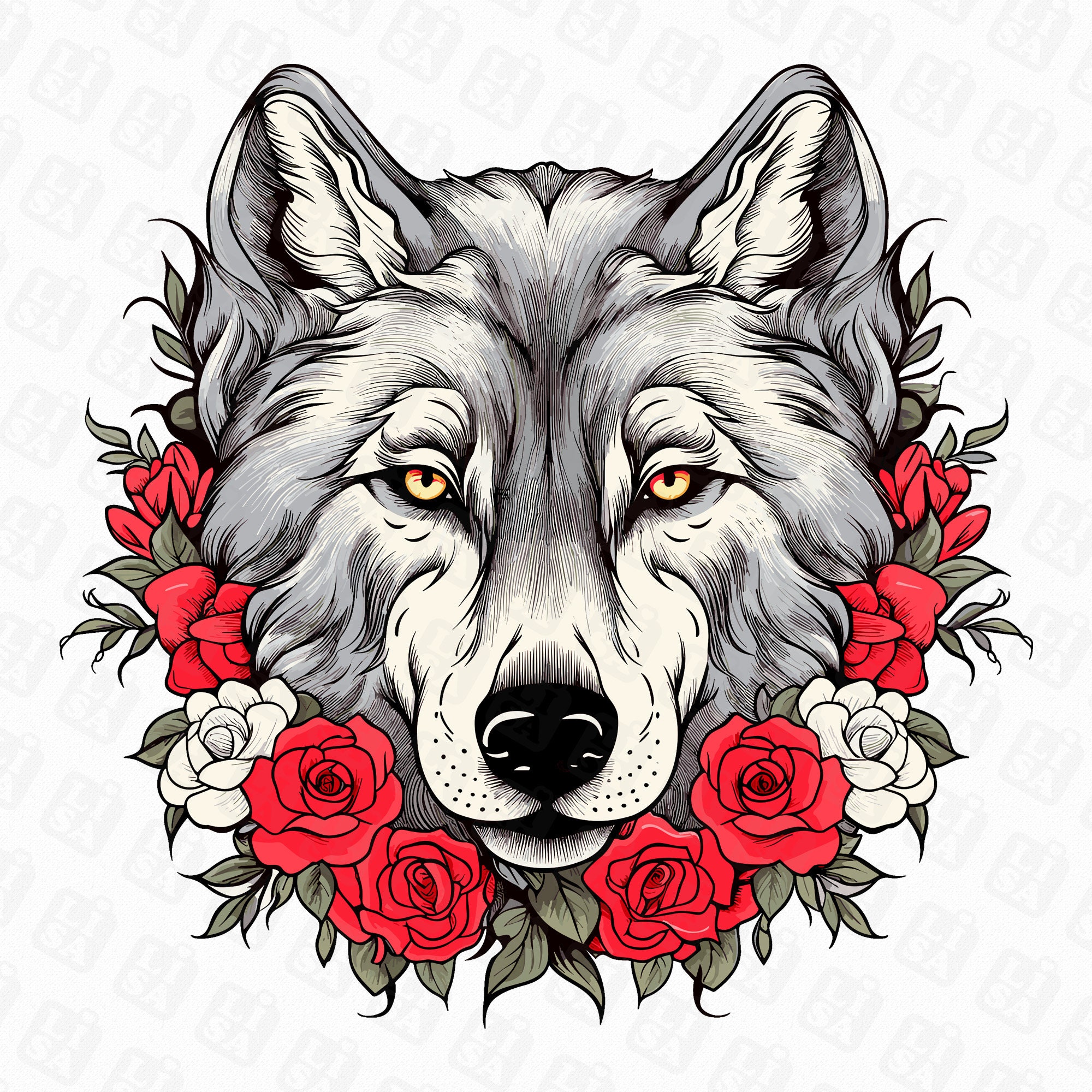 Wolf and Roses Png Wolf Sublimation Wolf Clip Art Floral - Etsy