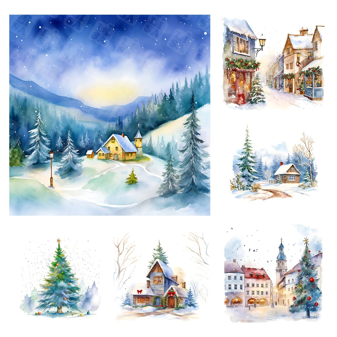 Watercolor Christmas Scene Clipart - Christmas Printable Graphics in ...