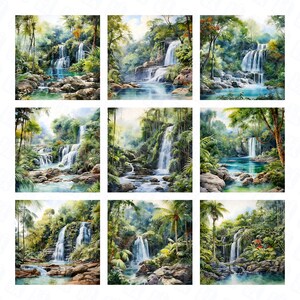 Watercolor Waterfall Digital Papers - Square Digital Background, Forest ...