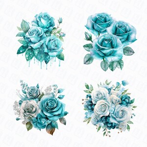 Watercolor Aqua Roses Png - Turquoise Flower - Bouquet Clipart - Flower ...