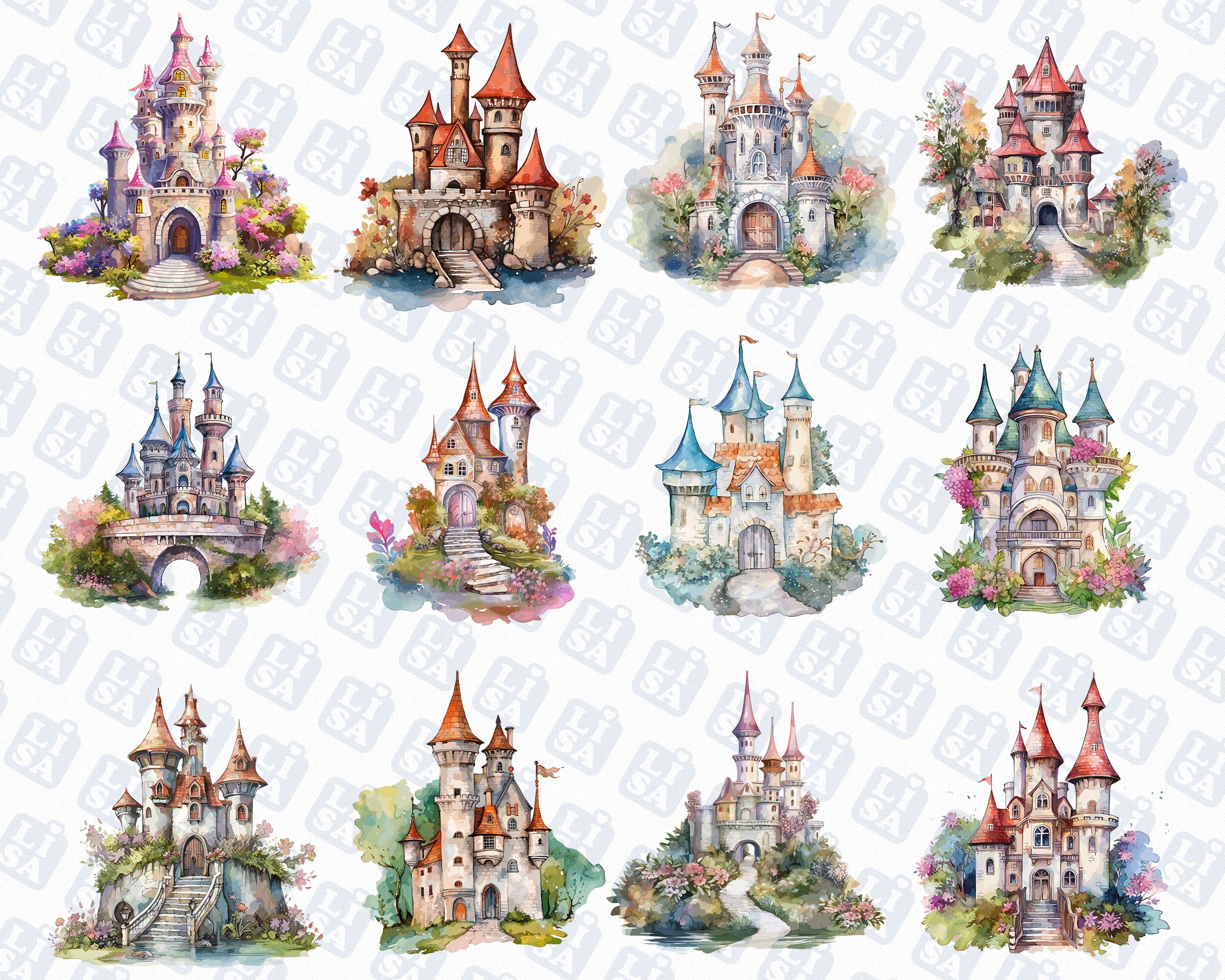 63 Watercolor Castle Png. Fairy Tale Clipart. Digital - Etsy