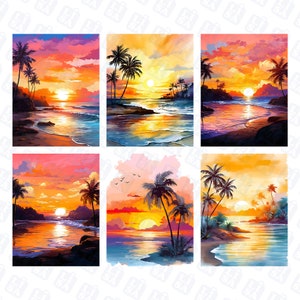 Sunset Tropical Islands Digital Paper - Summer Vibes, Sunset Beach ...
