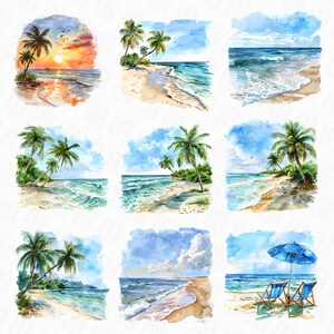 53 Watercolor Beach Clipart - Sunny Beach Png, Tropical Beach Designs ...