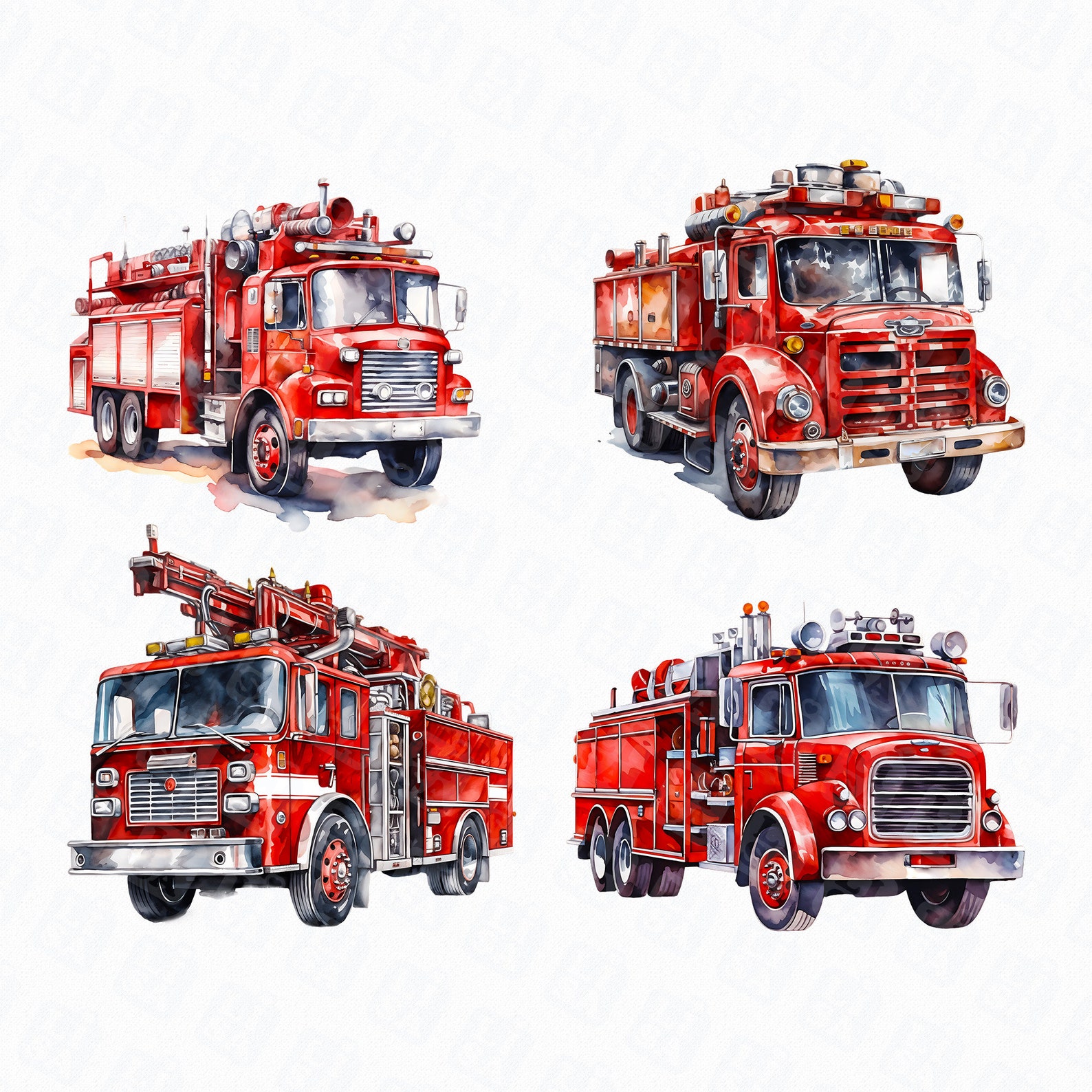 Watercolor Firetruck Png Digital Clipart, Transportation, Firetruck ...