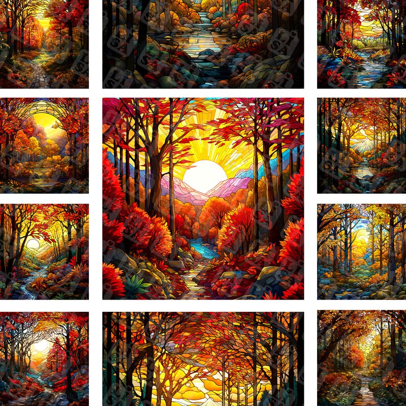 Autumn Forest Stained Glass Digital Paper - Digital Background, Forest ...