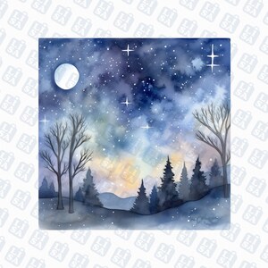 13 Watercolor Magical Night Sky Digital Background - Starry Night Moon ...